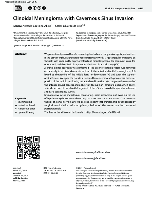 (PDF) Clinoidal Meningioma with Cavernous Sinus Invasion