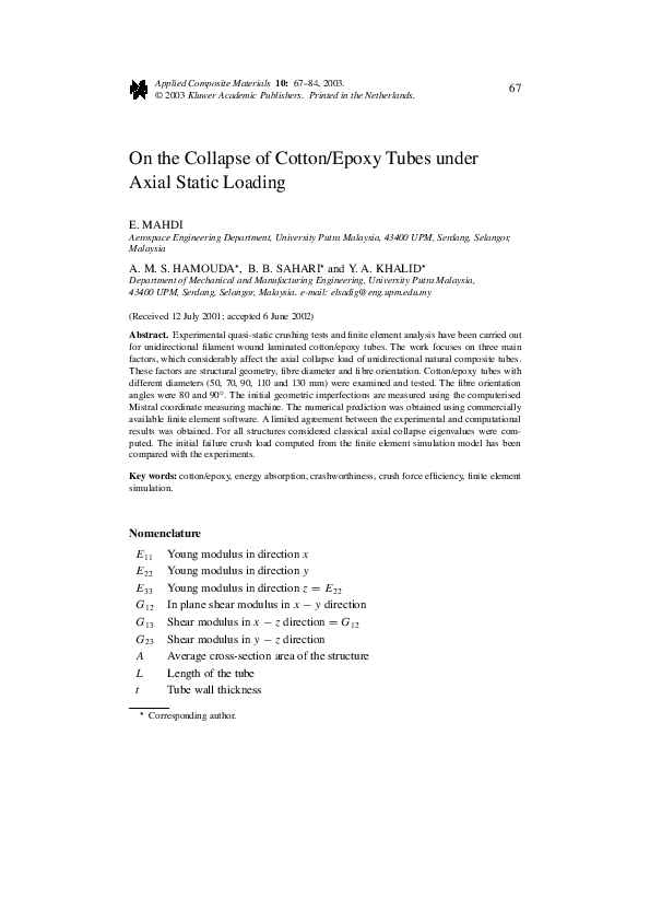 On the collapse of cotton/epoxy tubes under axial static loading