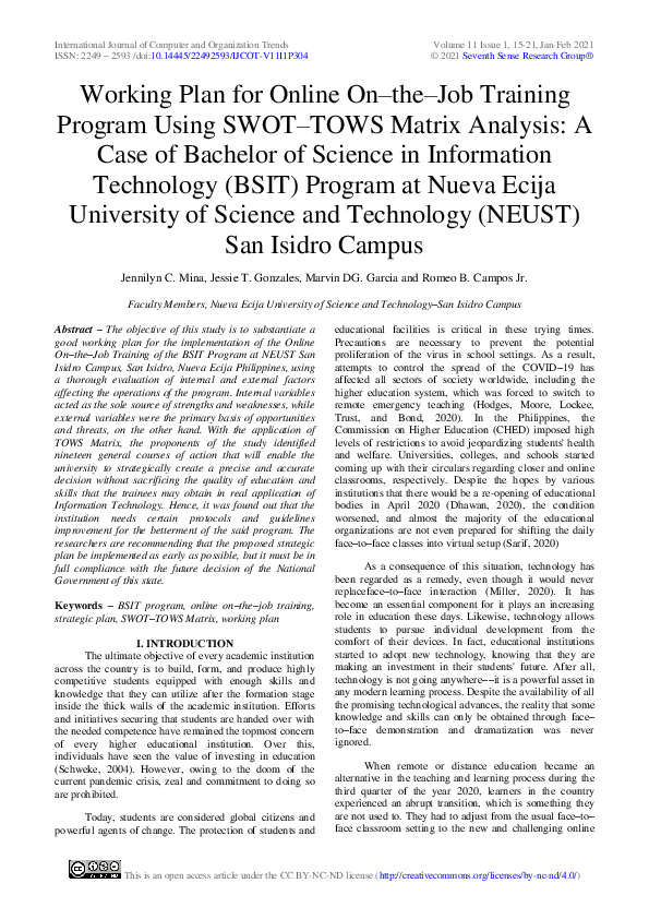 (PDF) Working Plan for Online On–the–Job Training Program Using SWOT ...