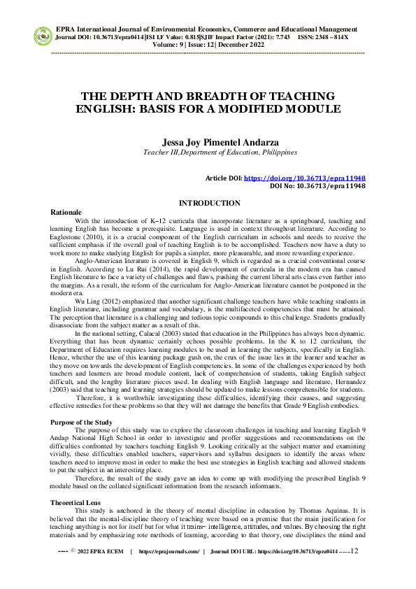(PDF) The Depth and Breadth of Teaching English: Basis for a Modified ...