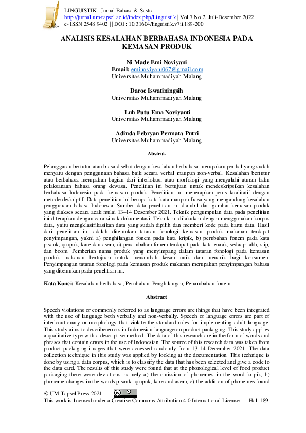 (PDF) Analisis Kesalahan Berbahasa Indonesia Pada Kemasan Produk