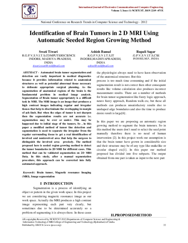 (PDF) Identification of Brain Tumors in 2 D MRI Using Automatic Seeded Region Growing Method