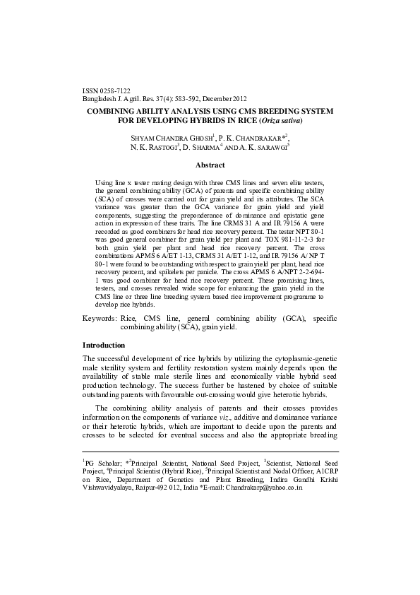 (PDF) Combining ability analysis using CMS breeding system in rice