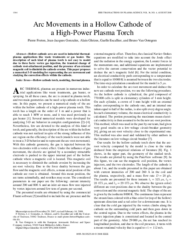 (PDF) Arc Movements in a Hollow Cathode of a High-Power Plasma Torch | Gaelle Escallier ...