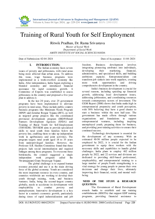 (PDF) Training of Rural Youth for Self Employment