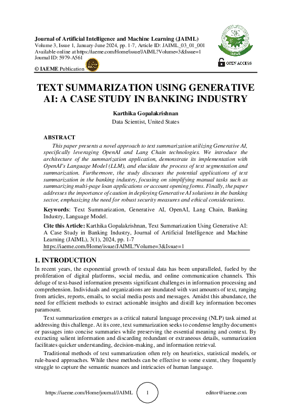 (PDF) TEXT SUMMARIZATION USING GENERATIVE AI: A CASE STUDY IN BANKING INDUSTRY