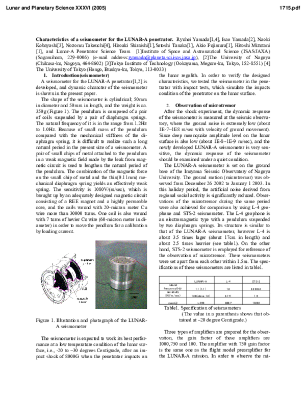 (PDF) Characteristics of a seismometer for the LUNAR-A penetrator ...