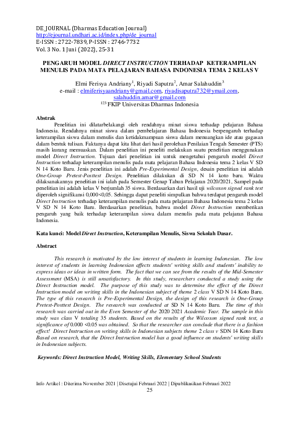 (PDF) Pengaruh Model Direct Instruction Terhadap Keterampilan Menulis Pada Mata Pelajaran Bahasa ...