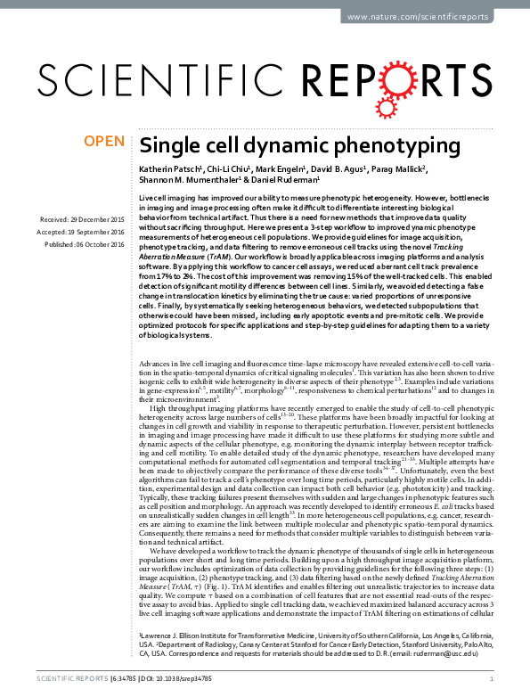 (PDF) Single cell dynamic phenotyping | David Agus - Academia.edu
