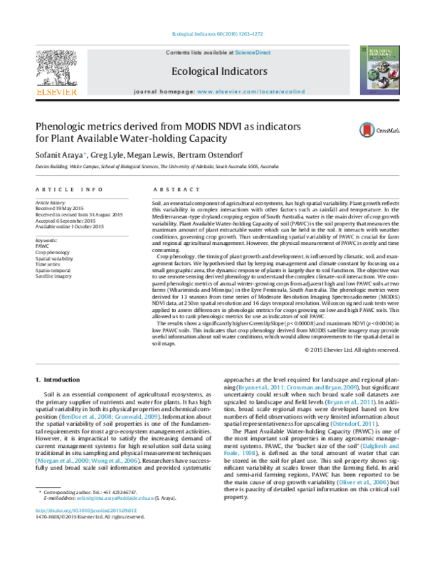 (PDF) Phenologic metrics derived from MODIS NDVI as indicators for ...