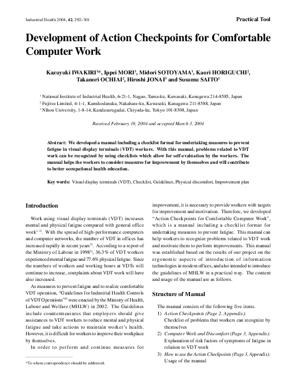 (PDF) Development of Action Checkpoints for Comfortable Computer Work