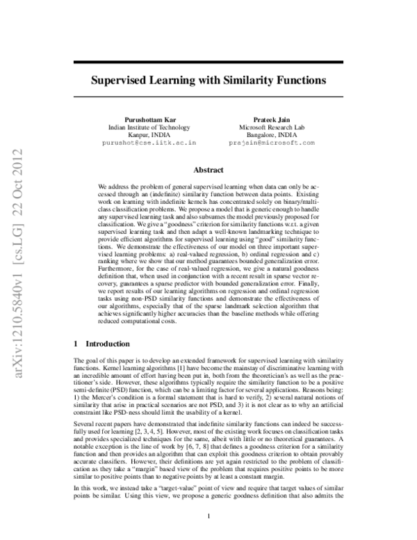 (PDF) Supervised Learning with Similarity Functions