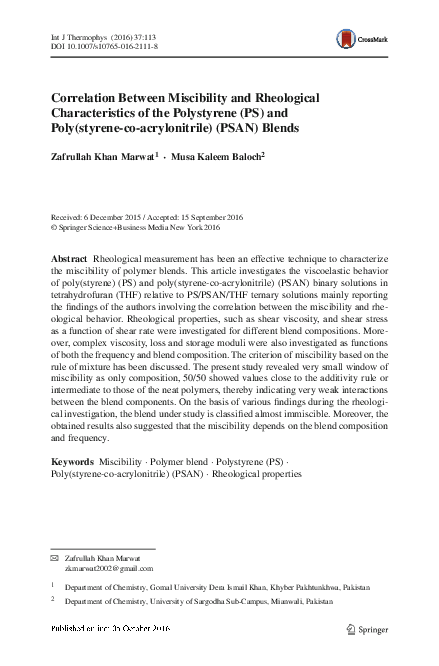 Pdf Correlation Between Miscibility And Rheological Characteristics