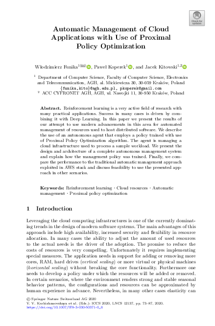 (PDF) Automatic Management of Cloud Applications with Use of Proximal Policy Optimization