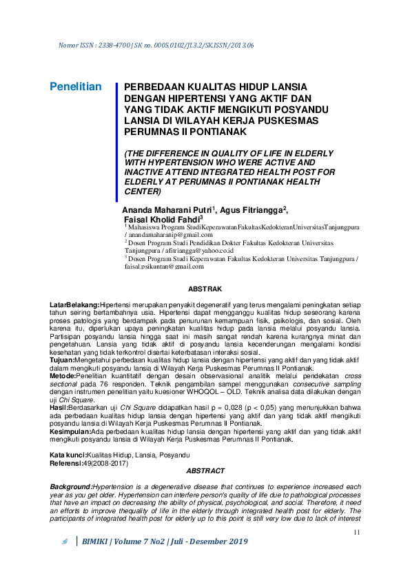 (PDF) Perbedaan Kualitas Hidup Lansia Dengan Hipertensi Yang Aktif Dan Yang Tidak Aktif ...