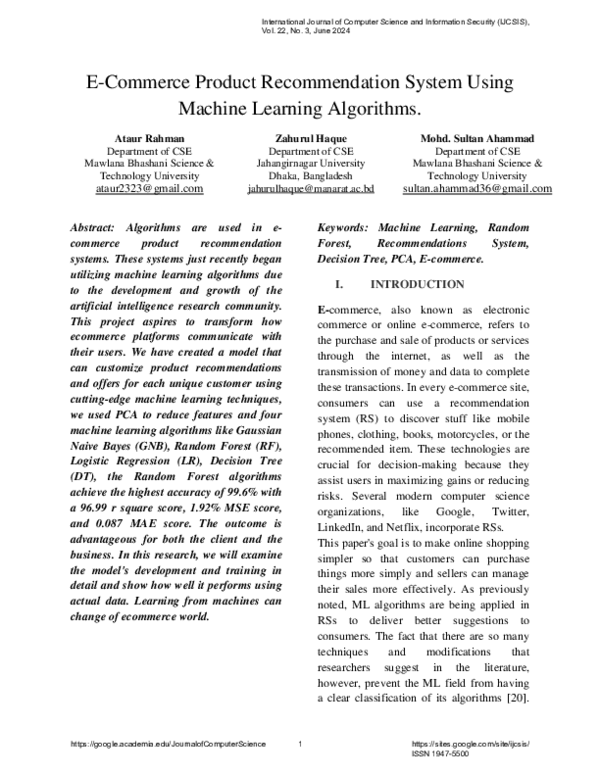 (PDF) E-Commerce Product Recommendation System Using Machine Learning ...