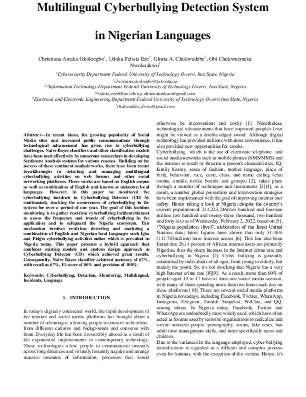 (PDF) Multilingual Cyberbullying Detection System in Nigerian Languages