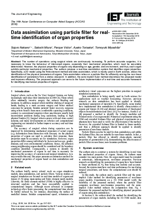 (PDF) Data assimilation using particle filter for real‐time identification of organ properties