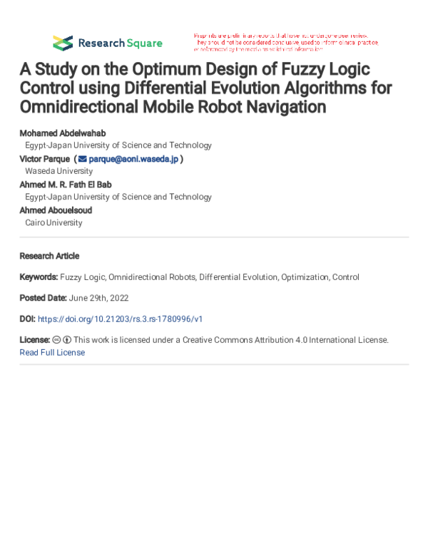 (PDF) A Study on the Optimum Design of Fuzzy Logic Control using Differential Evolution ...