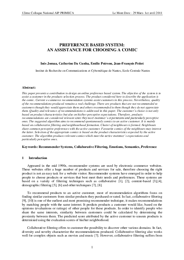 (PDF) Preference Based System: An Assistance for Choosing a Comic | Ines Jomaa - Academia.edu