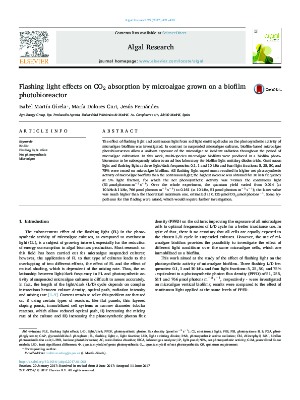 (PDF) Flashing light effects on CO2 absorption by microalgae grown on a ...