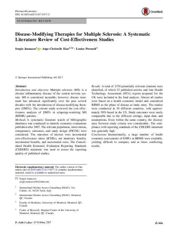 (PDF) Disease-Modifying Therapies for Multiple Sclerosis: A Systematic Literature Review of Cost ...