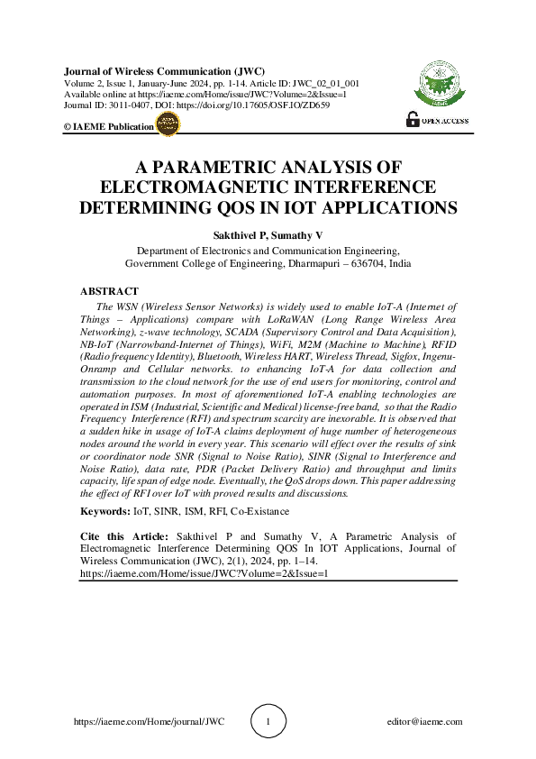 (PDF) A PARAMETRIC ANALYSIS OF ELECTROMAGNETIC INTERFERENCE DETERMINING QOS IN IOT APPLICATIONS