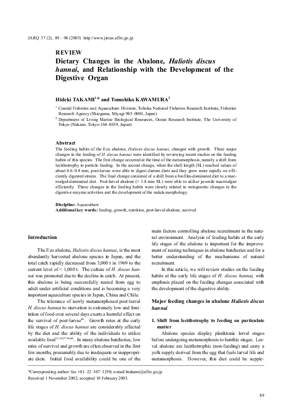 (PDF) Dietary Changes in the Abalone, Haliotis discus hannai, and ...