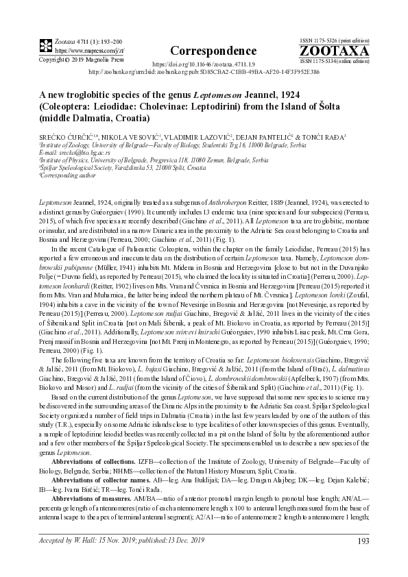 (PDF) A new troglobitic species of the genus Leptomeson Jeannel, 1924 ...
