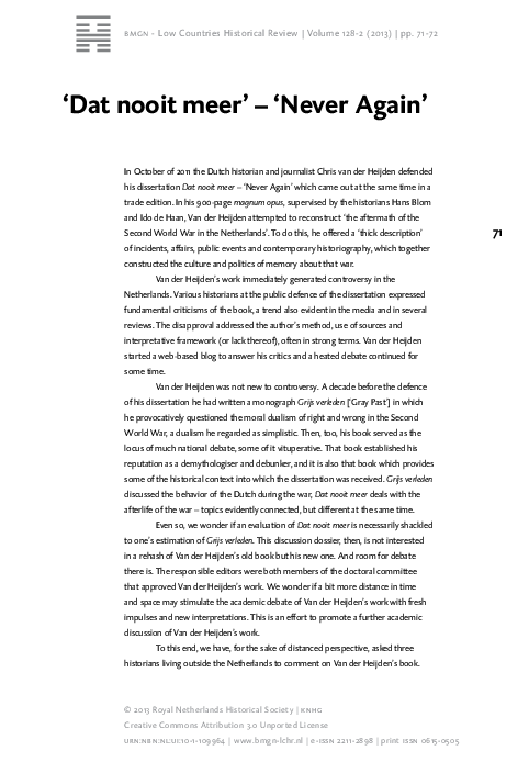 (PDF) ‘Dat nooit meer’ – ‘Never Again’: Discussion – Discussiedossier ...