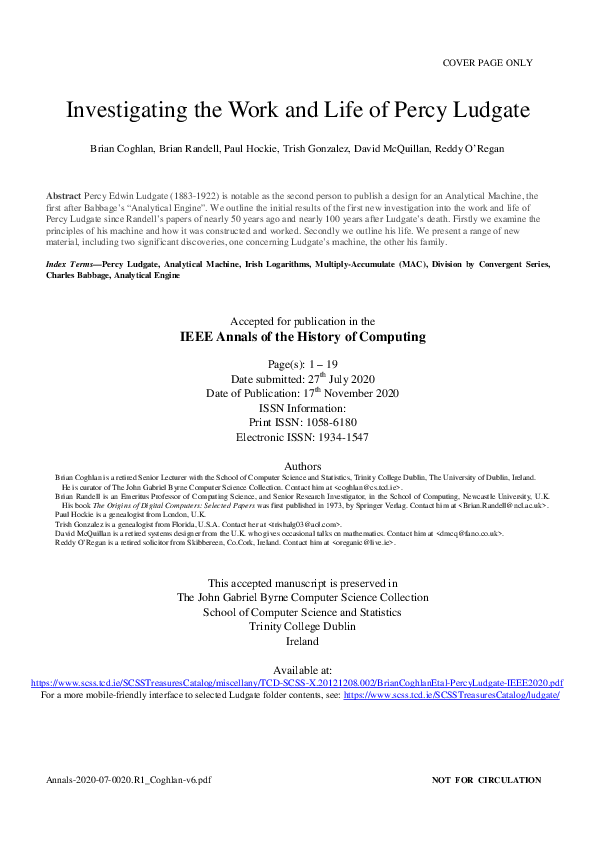 (PDF) Investigating the Work and Life of Percy Ludgate