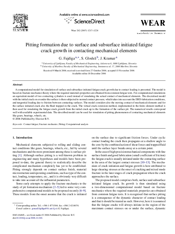 (PDF) Pitting formation due to surface and subsurface initiated fatigue ...