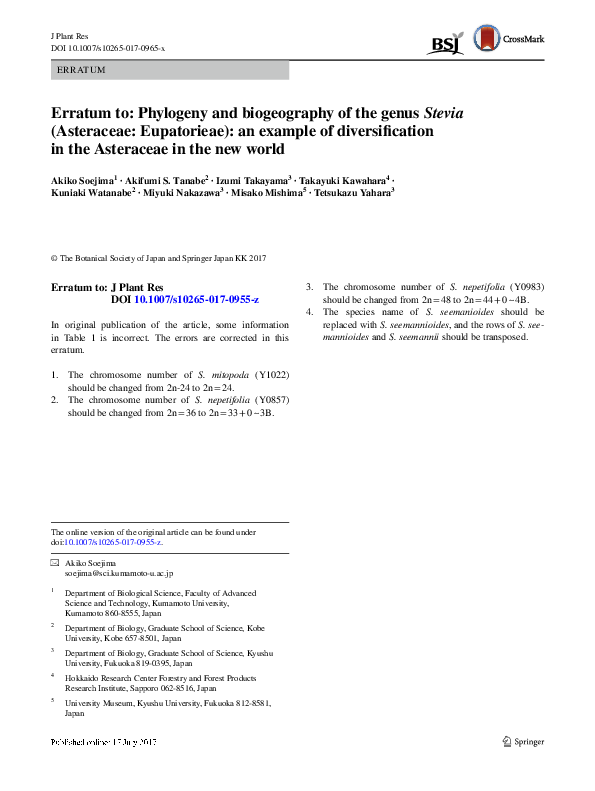 (PDF) Erratum to: Phylogeny and biogeography of the genus Stevia ...