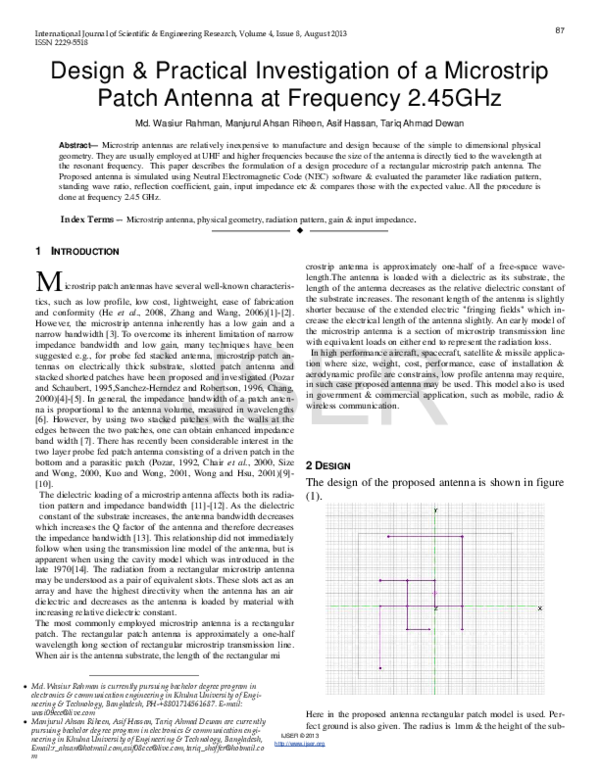 (PDF) Design & Practical Investigation of a Microstrip Patch Antenna at Frequency 2.45GHz