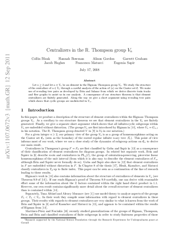 (PDF) Centralizers in R. Thompson's group V_n