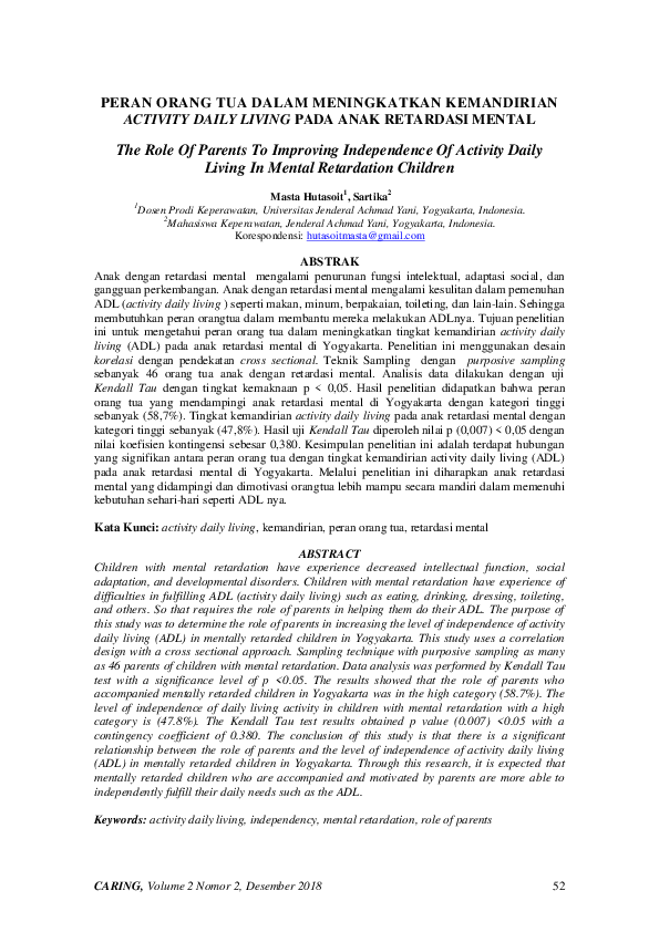 (PDF) Hubungan Peran Orangtua dalam Meningkatkan Kemandirian Activity Daily Living (ADL) pada ...