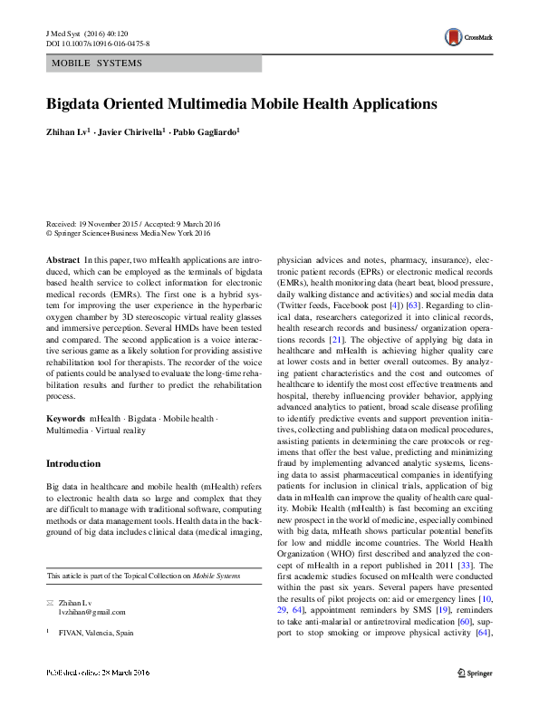 (PDF) Bigdata Oriented Multimedia Mobile Health Applications