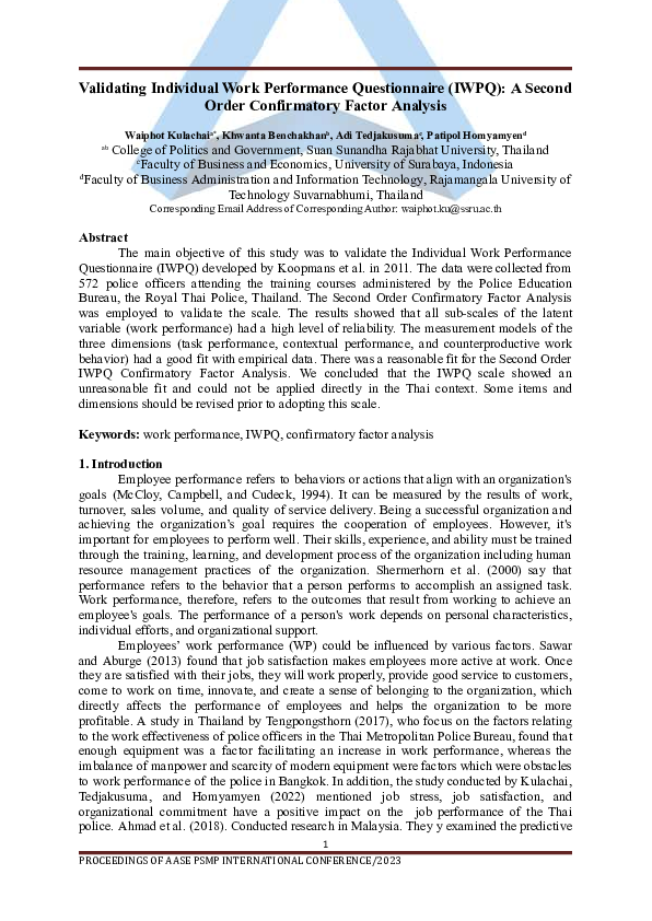 Pdf Validating Individual Work Performance Questionnaire Iwpq A Second Order Confirmatory