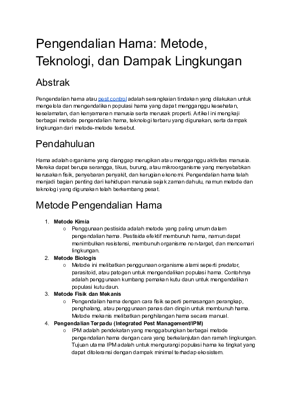 (PDF) Pengendalian Hama: Metode, Teknologi, dan Dampak Lingkungan