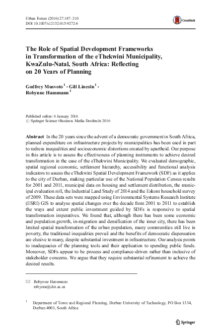 Pdf The Role Of Spatial Development Frameworks In Transformation Of The Ethekwini Municipality