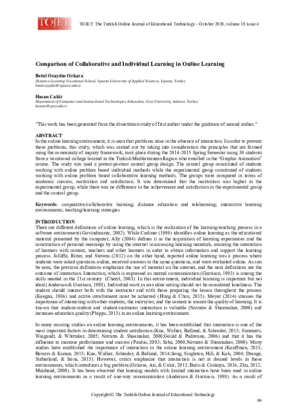 (PDF) Comparison of Collaborative and Individual Learning in Online Learning