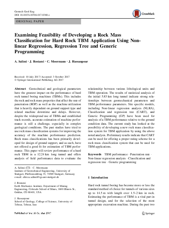 (PDF) Examining Feasibility of Developing a Rock Mass Classification for Hard Rock TBM ...