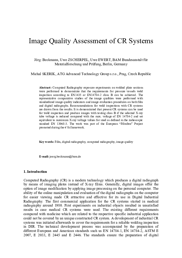 (PDF) Image Quality Assessment of CR Systems