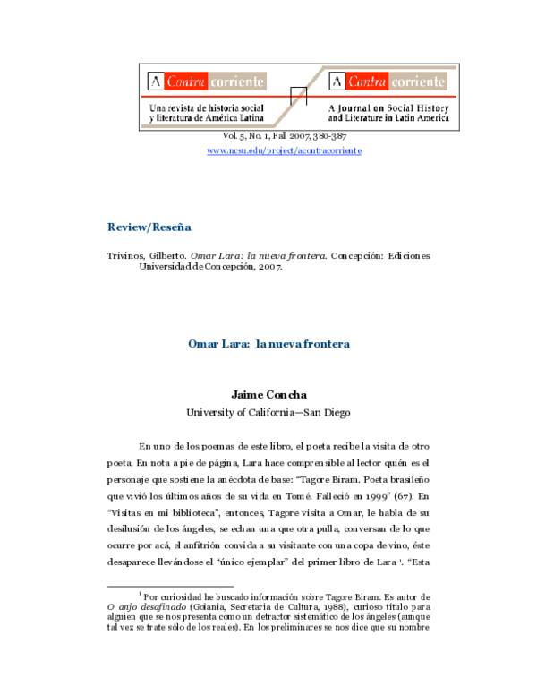 (PDF) Omar Lara: la nueva frontera. Reseña de Omar Lara: la nueva frontera de Gilberto Triviños ...