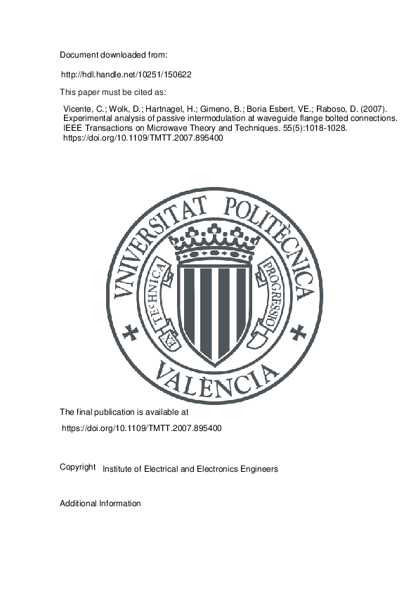 (PDF) Experimental Analysis of Passive Intermodulation at Waveguide Flange Bolted Connections