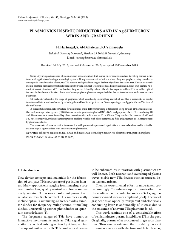 (PDF) Plasmonics in semiconductors and in Ag submicron wires and graphene | Hans Hartnagel ...