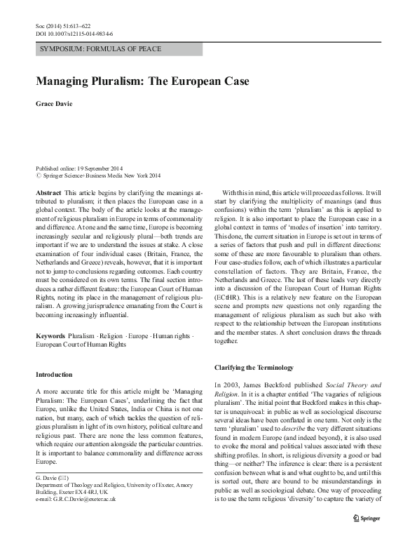 (PDF) Managing Pluralism: The European Case