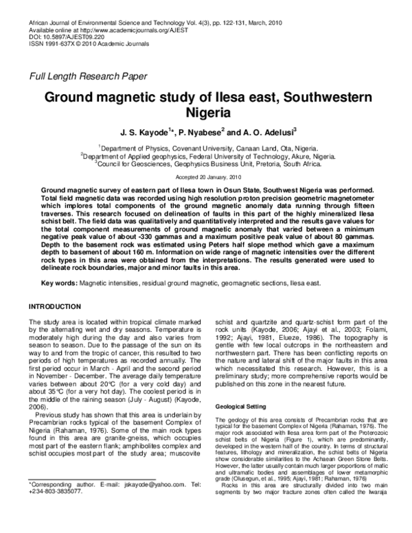 Ground magnetic study of Ilesa east, Southwestern Nigeria