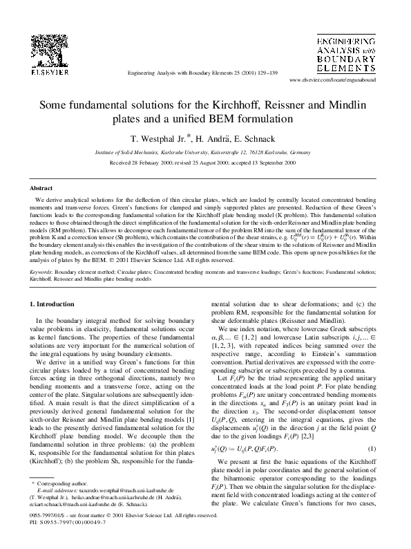 (PDF) Some fundamental solutions for the Kirchhoff, Reissner and ...