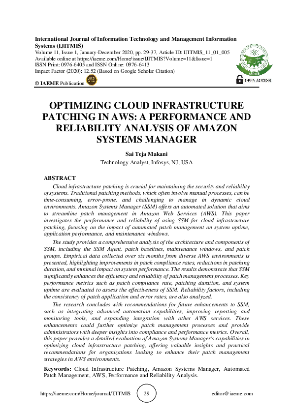 (PDF) OPTIMIZING CLOUD INFRASTRUCTURE PATCHING IN AWS: A PERFORMANCE AND RELIABILITY ANALYSIS OF ...